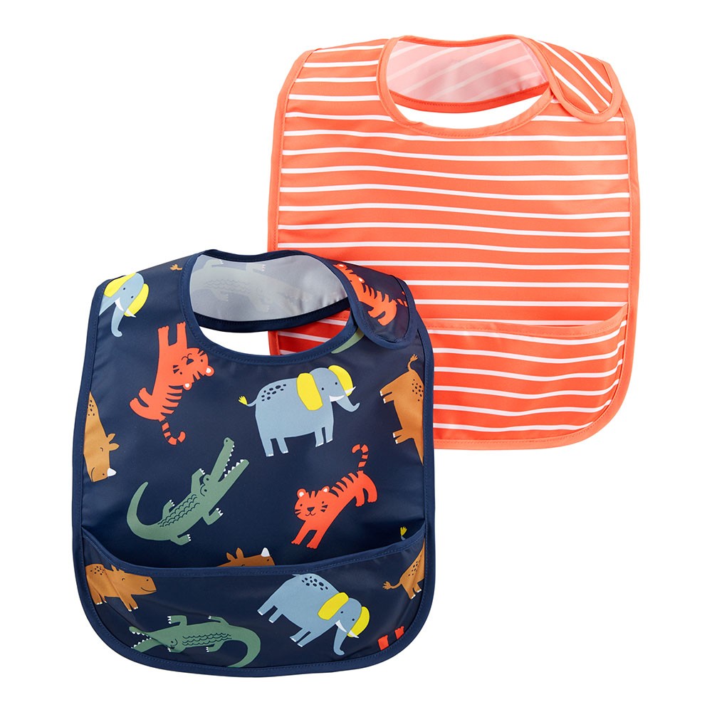 Carter's 2-Pack Stripes & Zoo Animals Water Resistant Bibs | Baby Boy